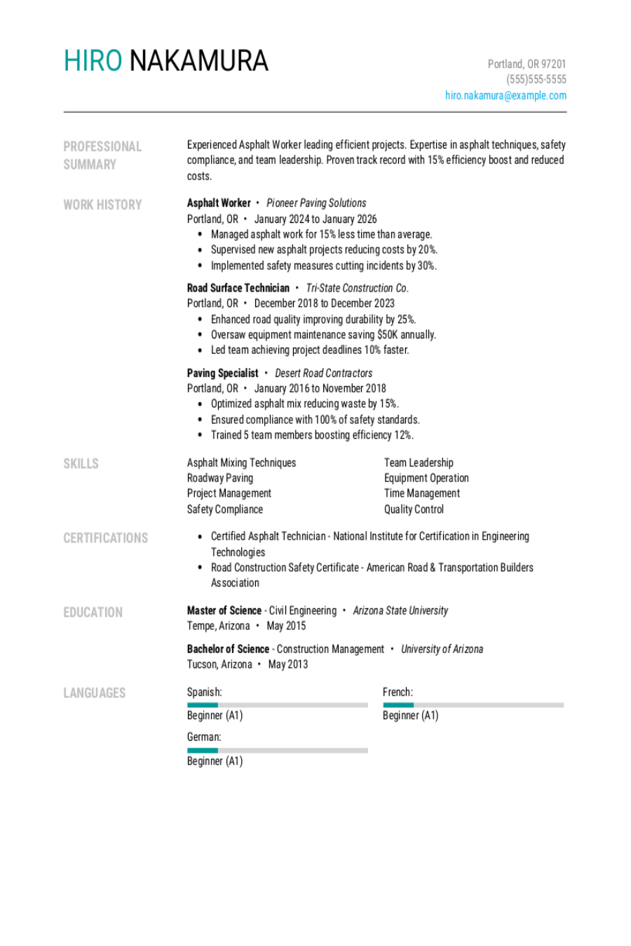 4 Asphalt Worker Resume Examples, Templates, & Tips for 2026