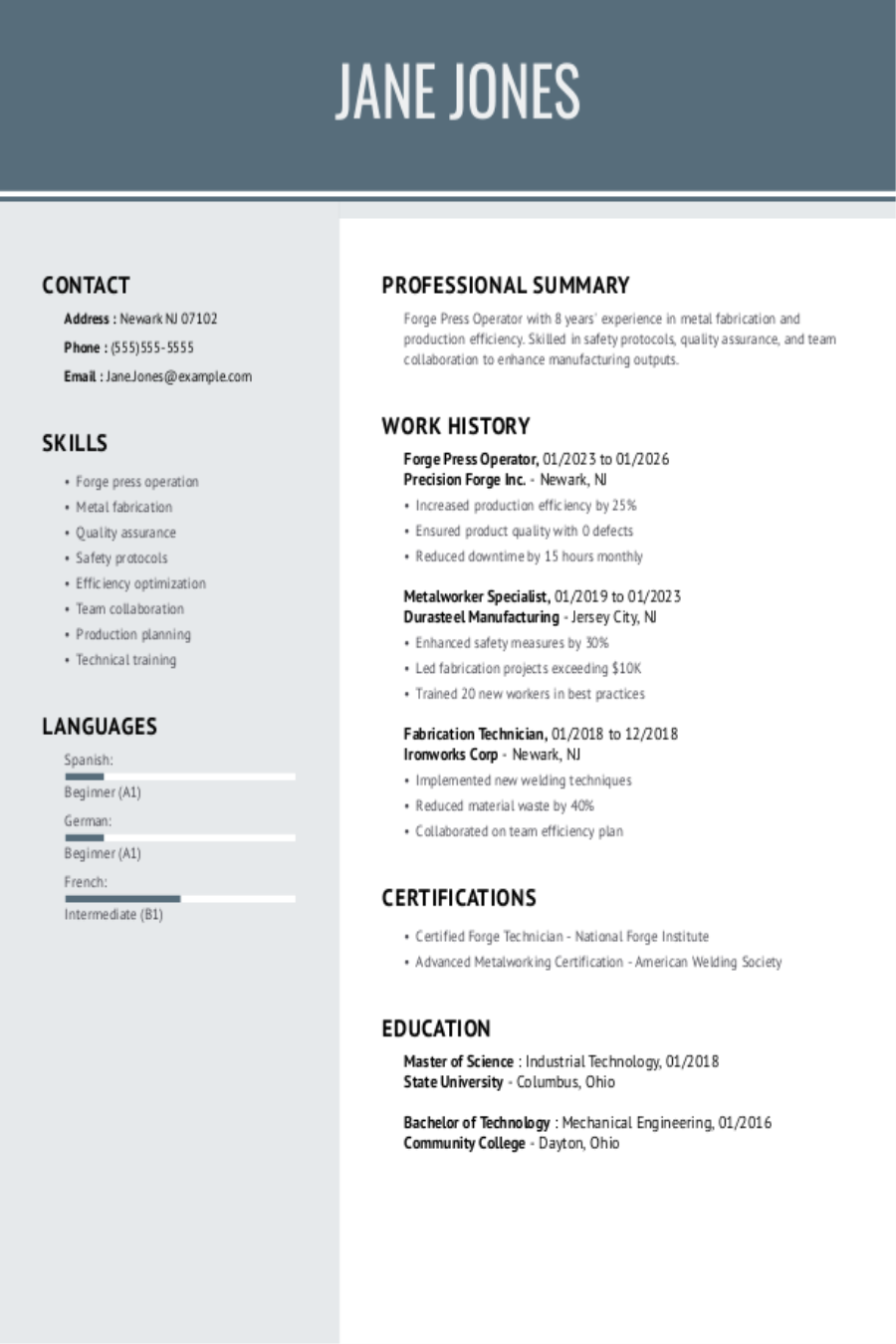 4 Forge Press Operator Resume Examples, Templates, & Tips for 2026