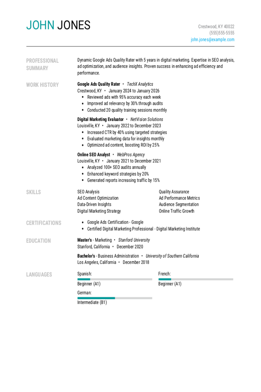 4 Google Ads Quality Rater Resume Examples, Templates, & Tips for 2026