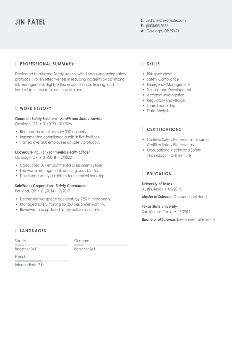 4 Health And Safety Advisor Resume Examples, Templates, & Tips for 2026