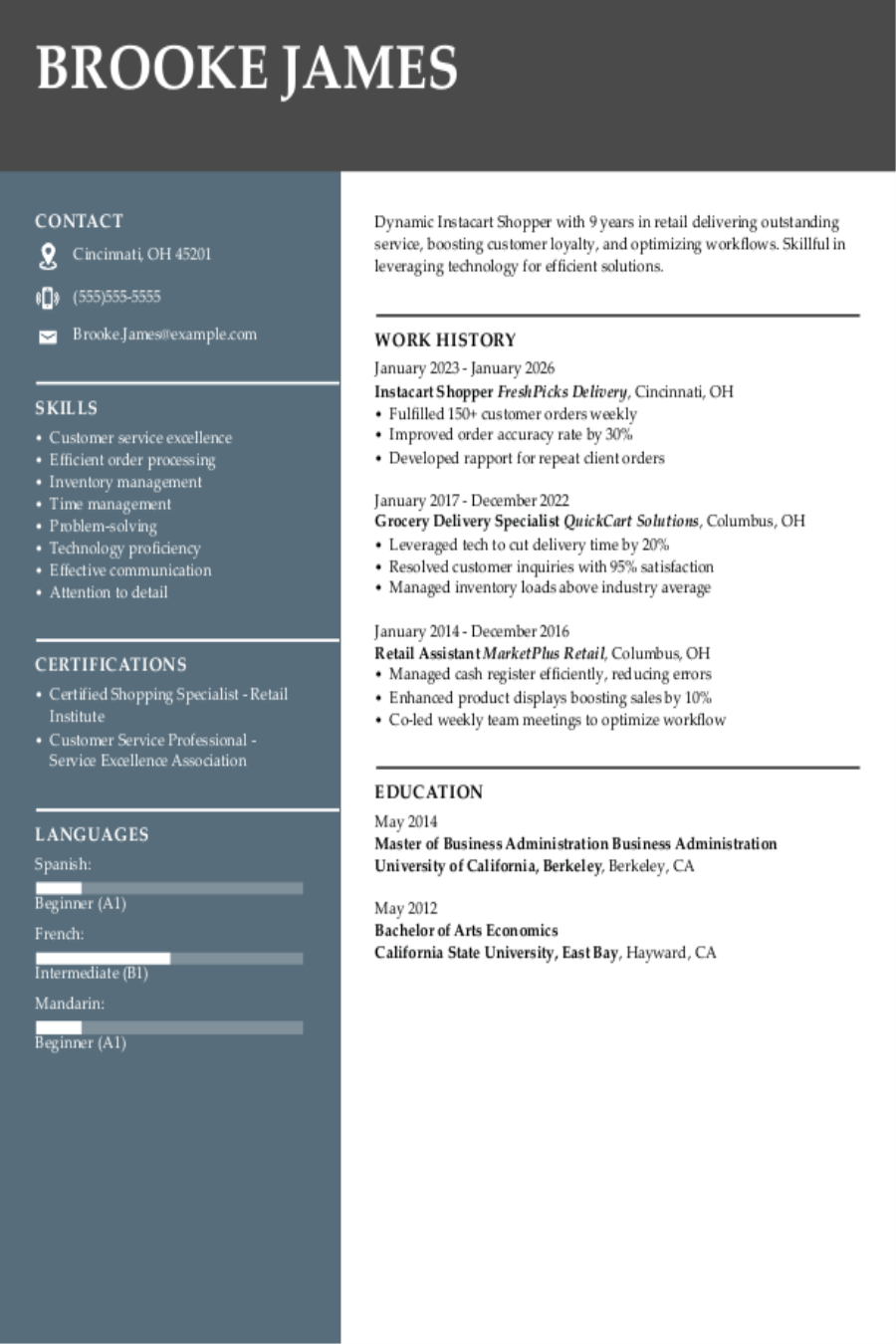 4 Instacart Shopper Resume Examples, Templates, & Tips for 2026