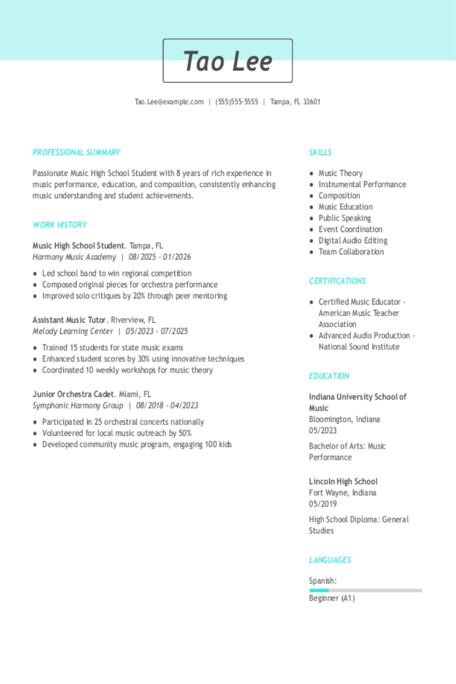 4 Music High School Student Resume Examples, Templates, & Tips for 2026