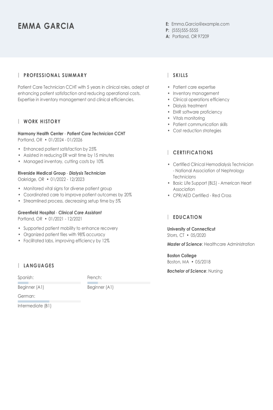 4 Patient Care Technician CCHT Resume Examples, Templates, & Tips for 2026