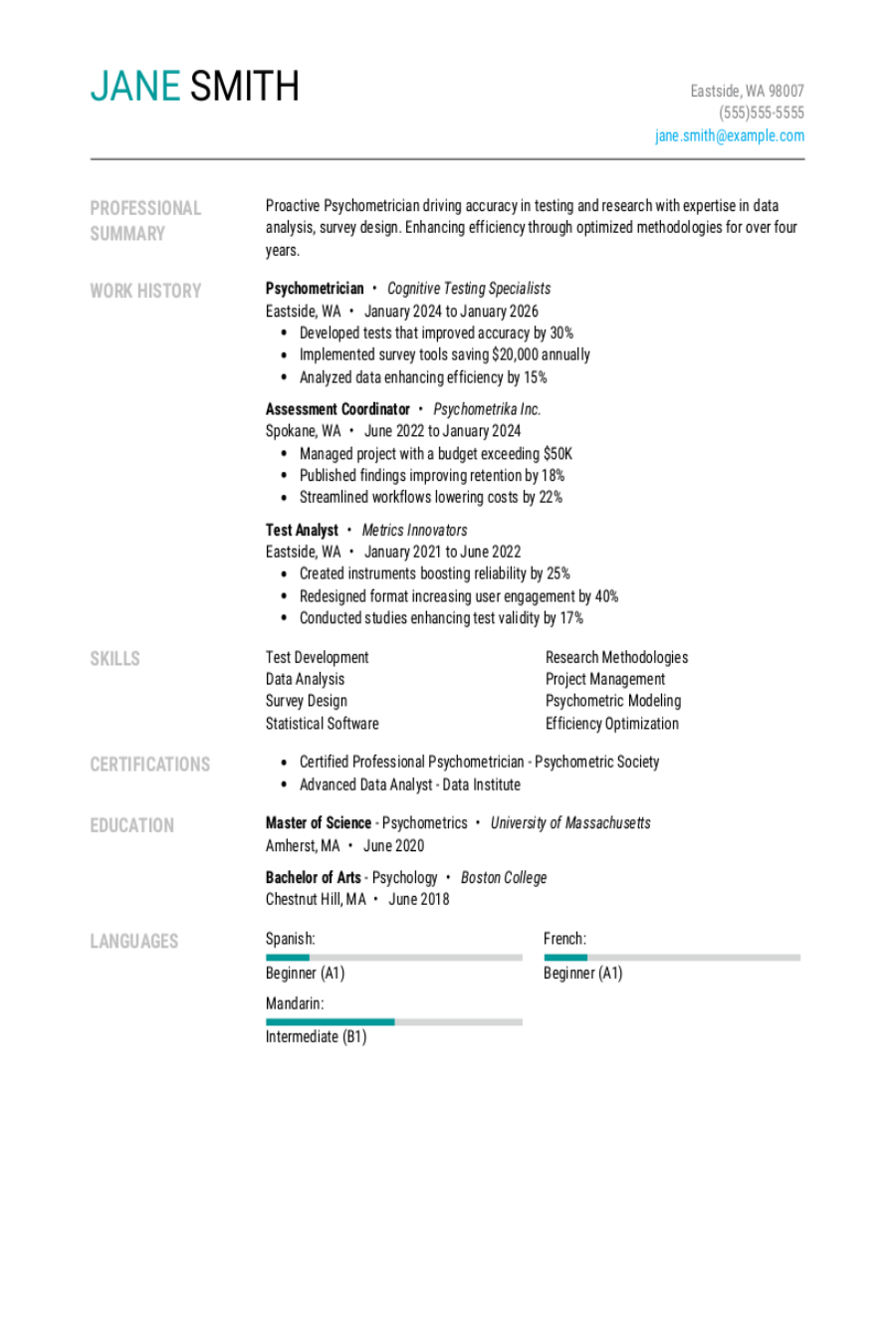 4 Psychometrician Resume Examples, Templates, & Tips for 2026