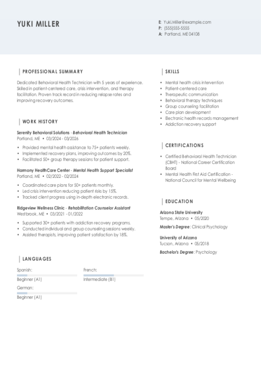 4 Behavioral Health Technician Resume Examples, Templates, & Tips for 2026