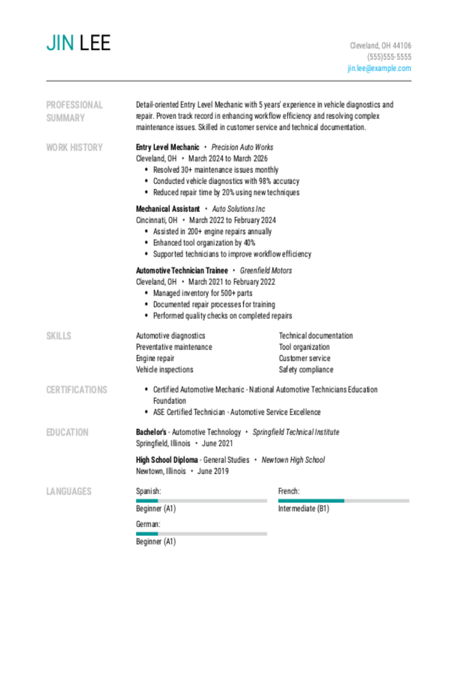 4 Entry Level Mechanic Resume Examples, Templates, & Tips for 2026