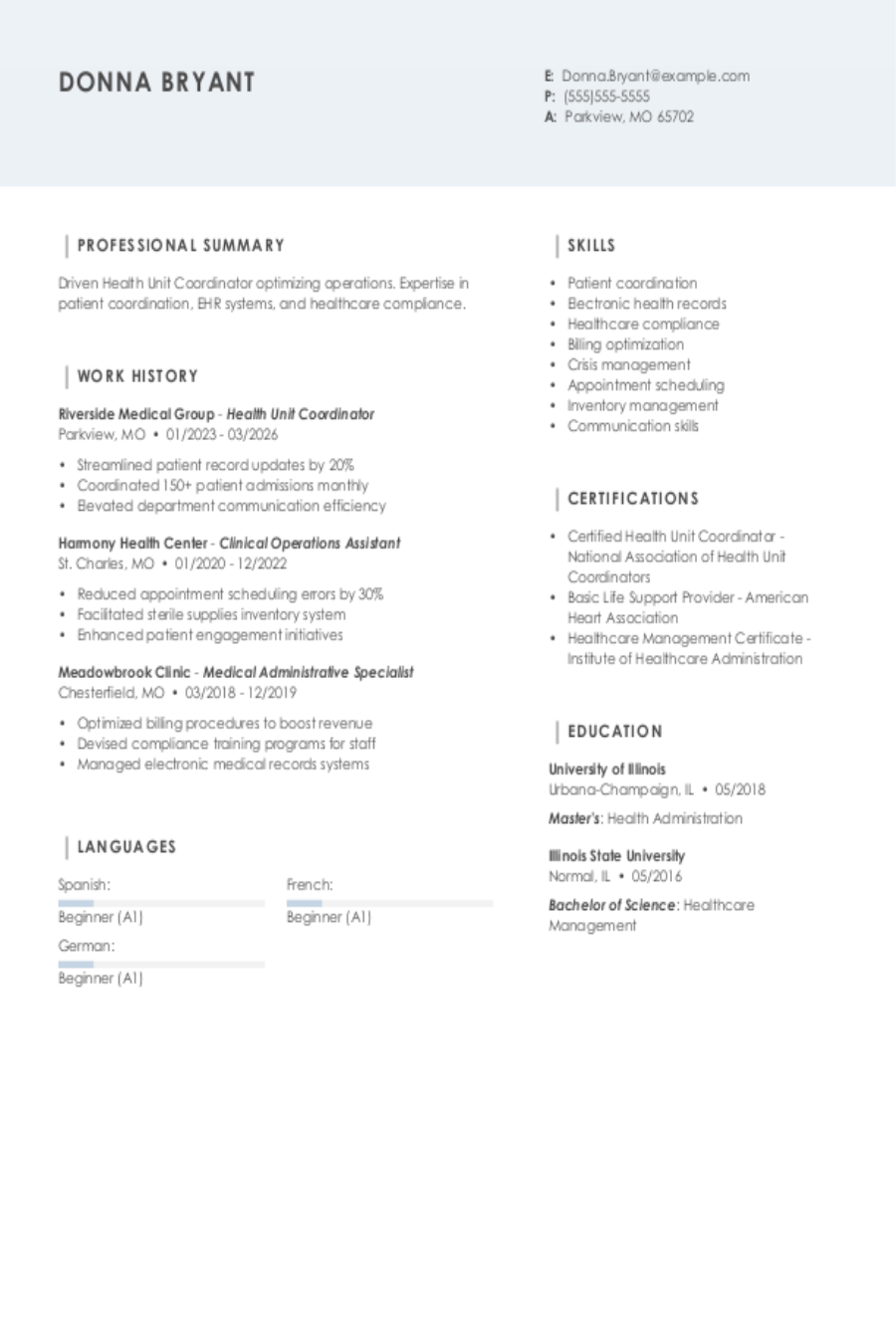 4 Health Unit Coordinator Resume Examples, Templates, & Tips for 2026