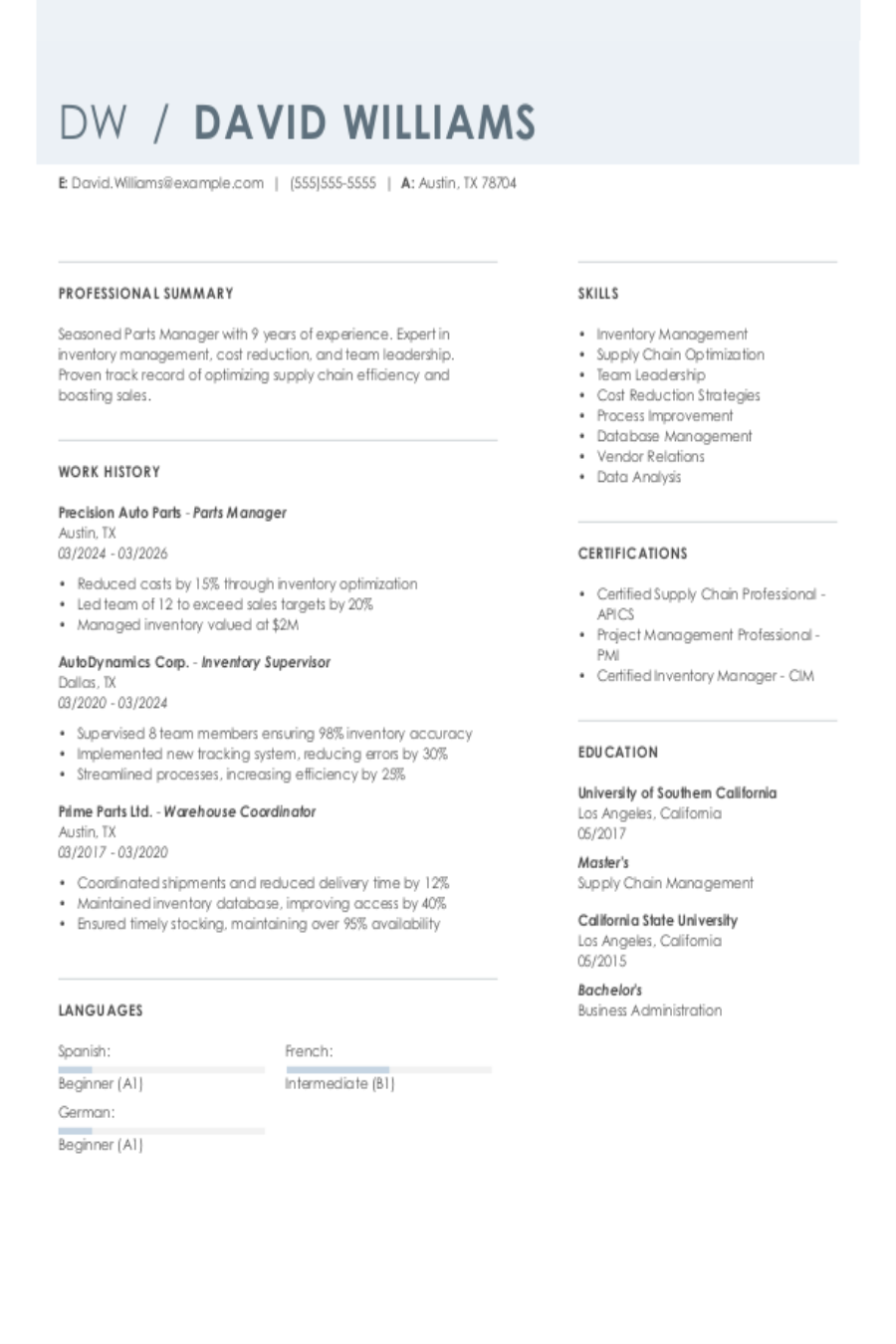 4 Parts Manager Resume Examples, Templates, & Tips for 2026