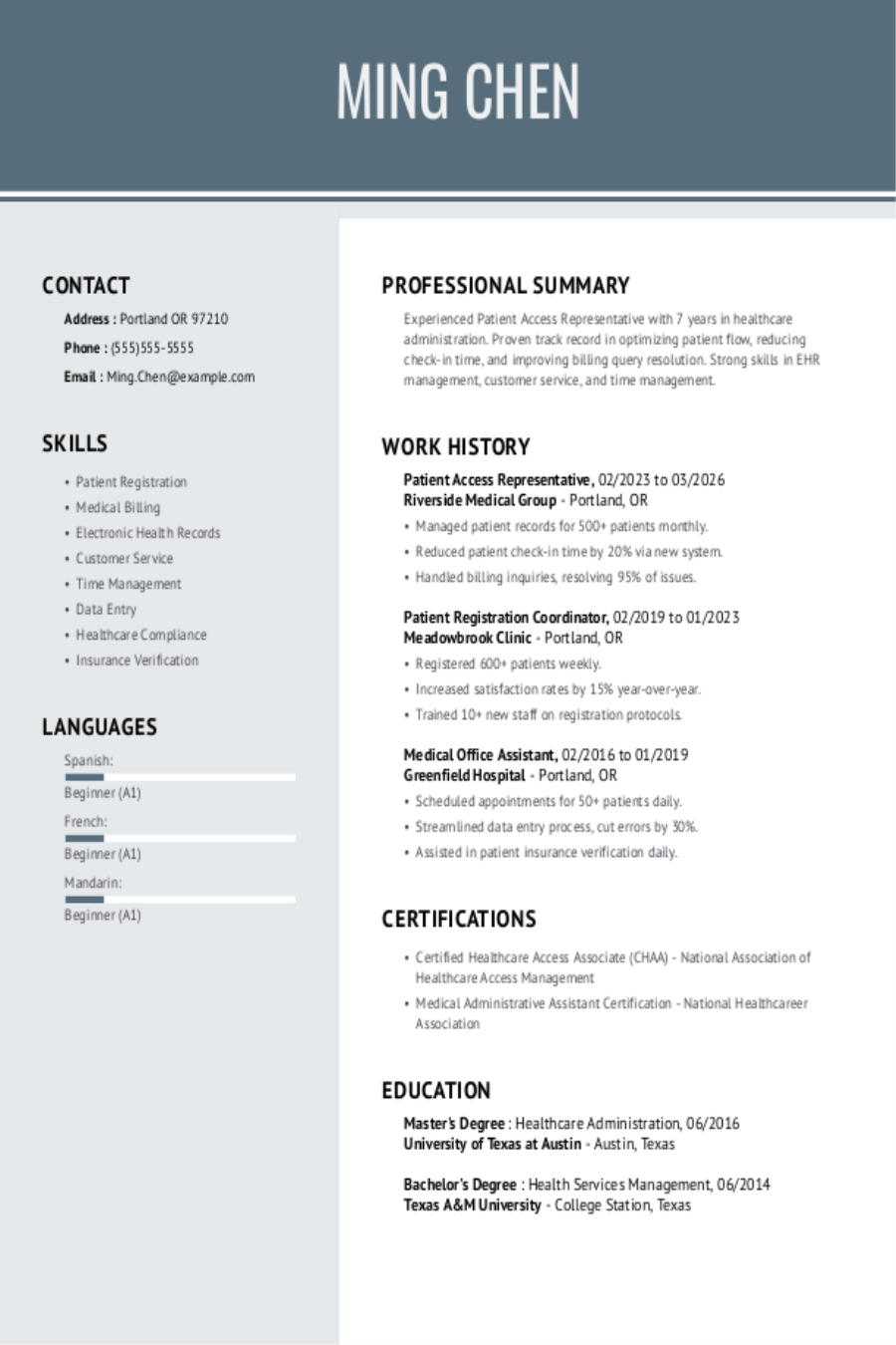 4 Patient Access Representative Resume Examples, Templates, & Tips for 2026