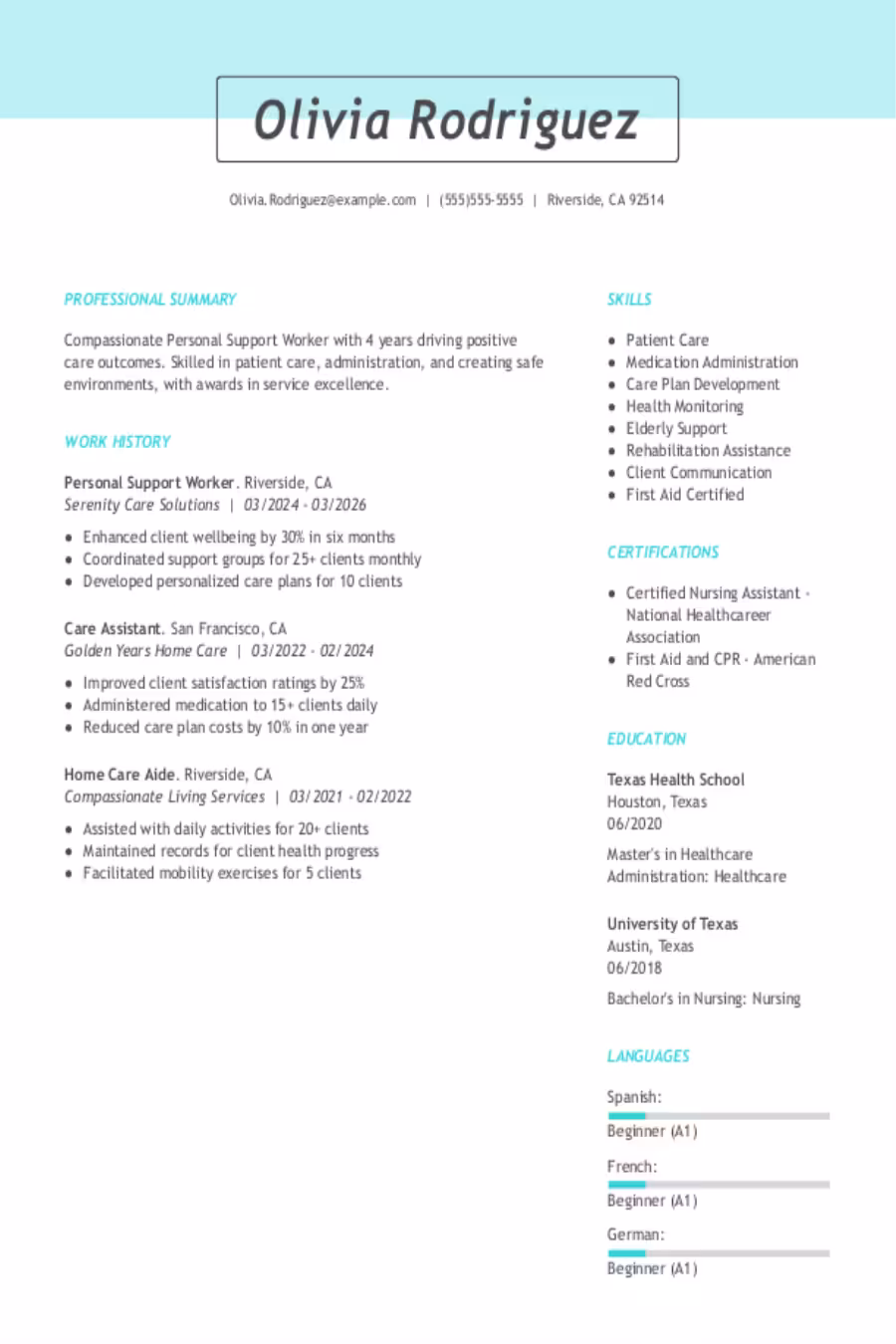 4 Personal Support Worker Resume Examples, Templates, & Tips for 2026