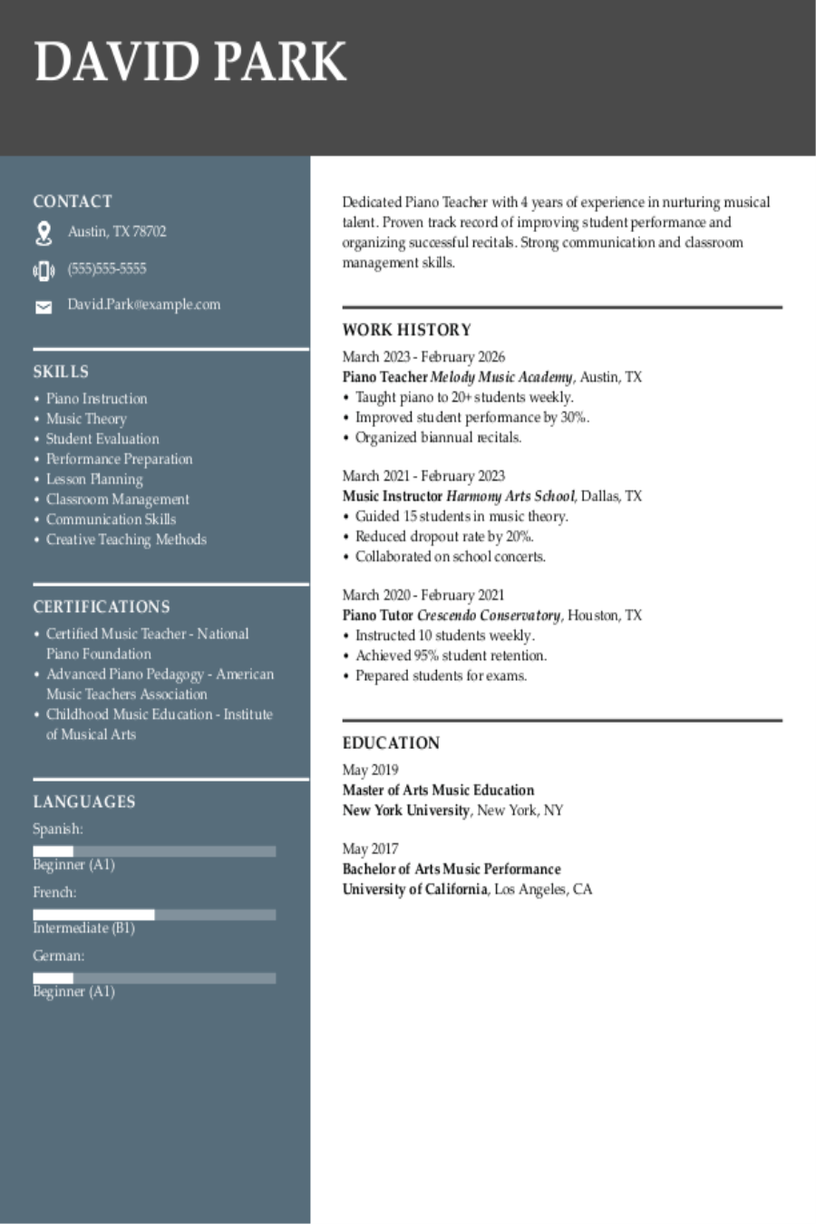 4 Piano Teacher Resume Examples, Templates, & Tips for 2026