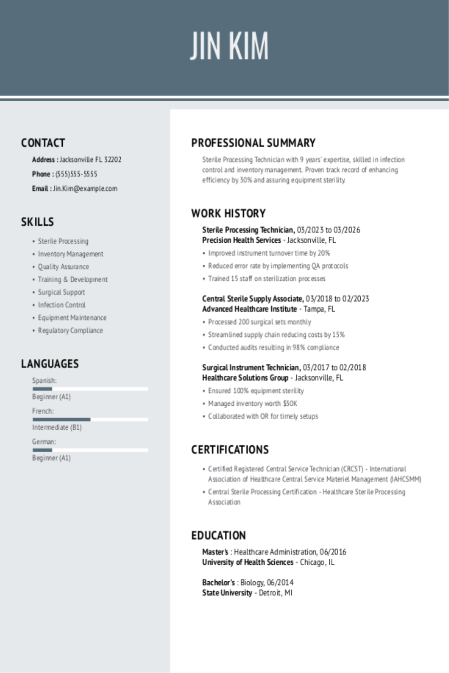 4 Sterile Processing Technician Resume Examples, Templates, & Tips for 2026