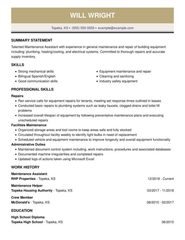 Professional Maintenance Resume Examples | LiveCareer