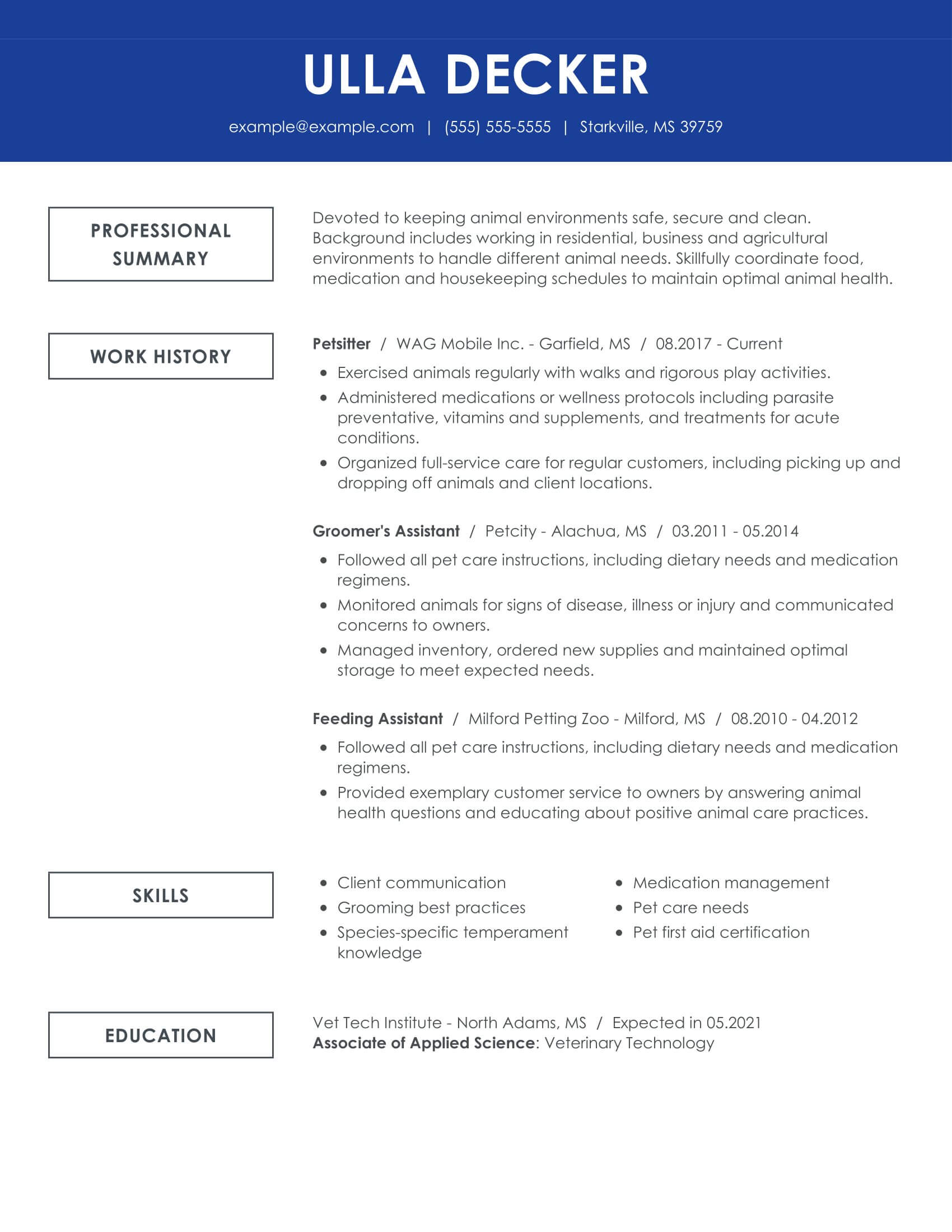 Professional Animal Care Resume Examples