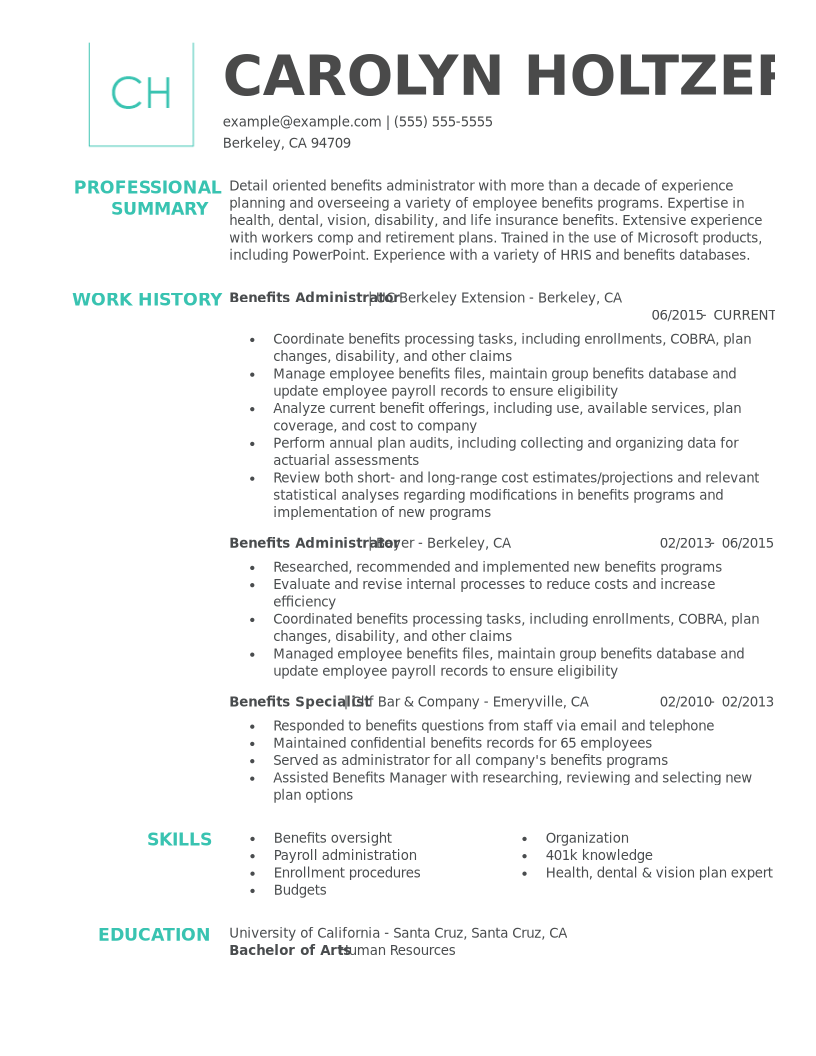 Professional Benefits Administrator Resume Examples