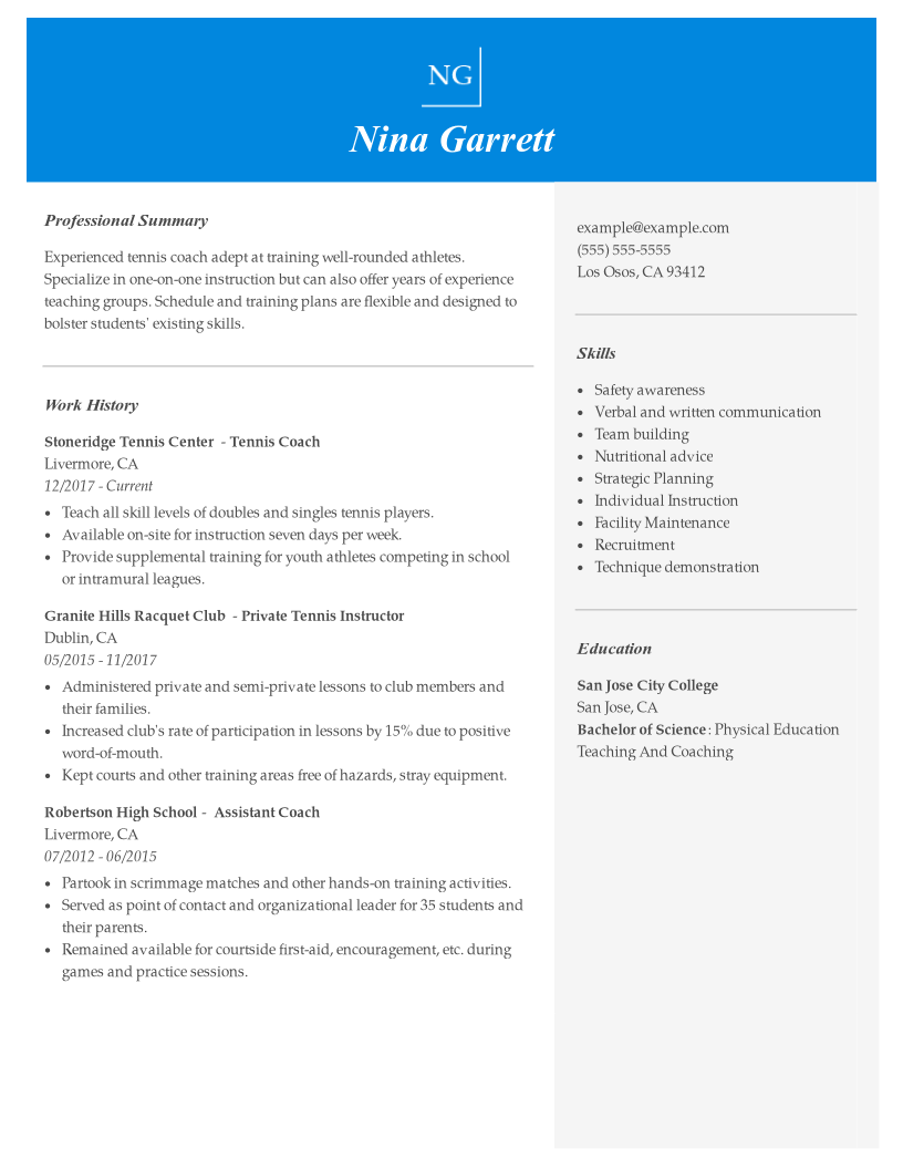 Professional Tennis Coach Resume Examples