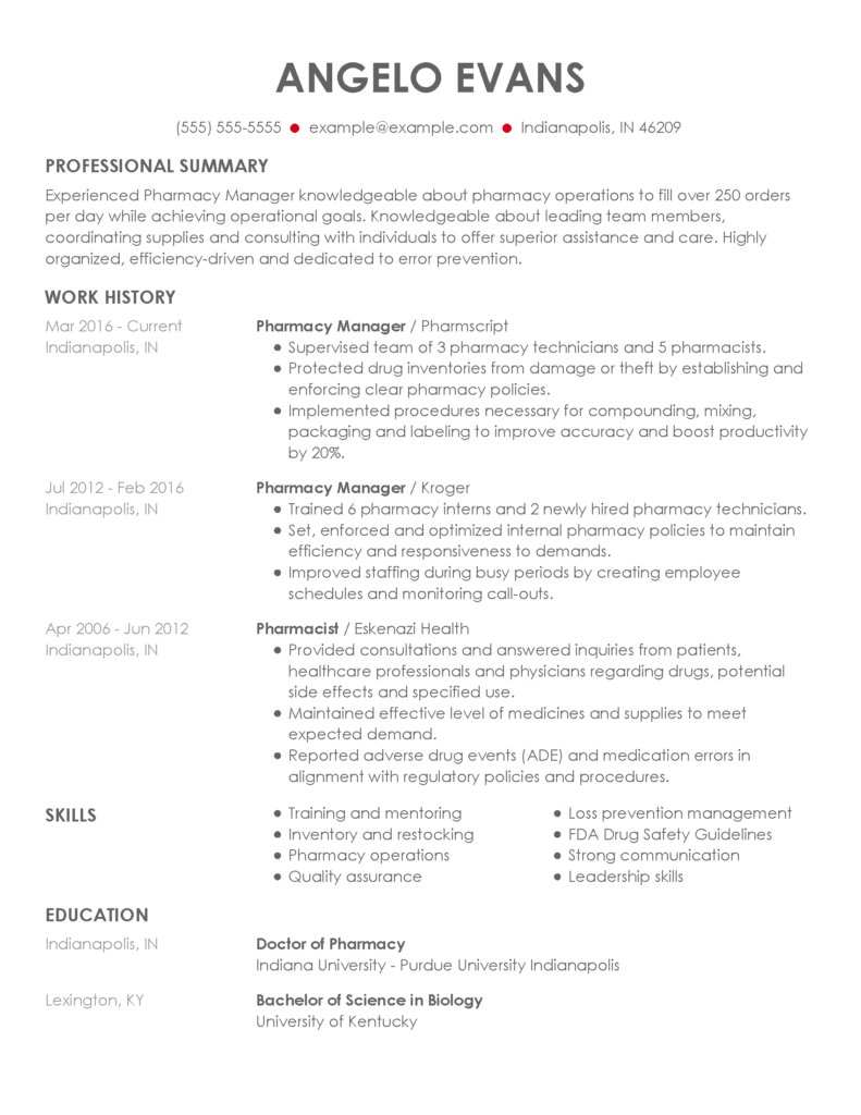Professional Pharmacy Manager Resume Examples