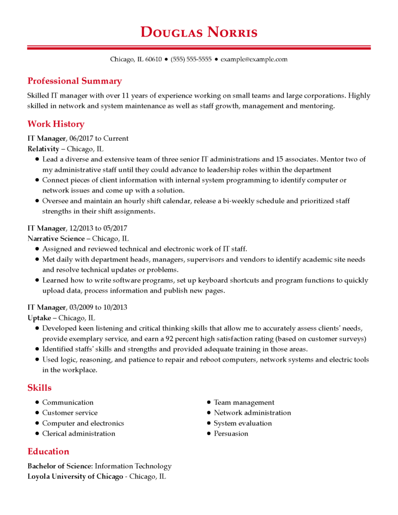 Professional IT Manager Resume Examples