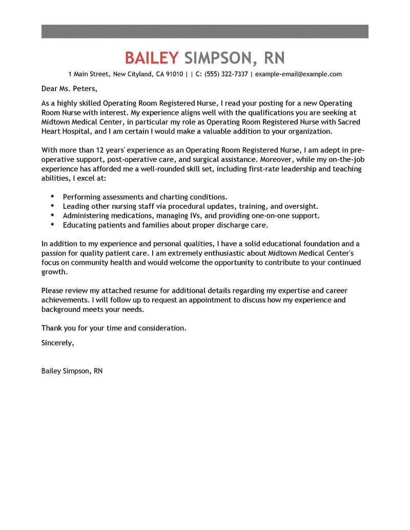 Professional Operating Room RN Cover Letter Examples