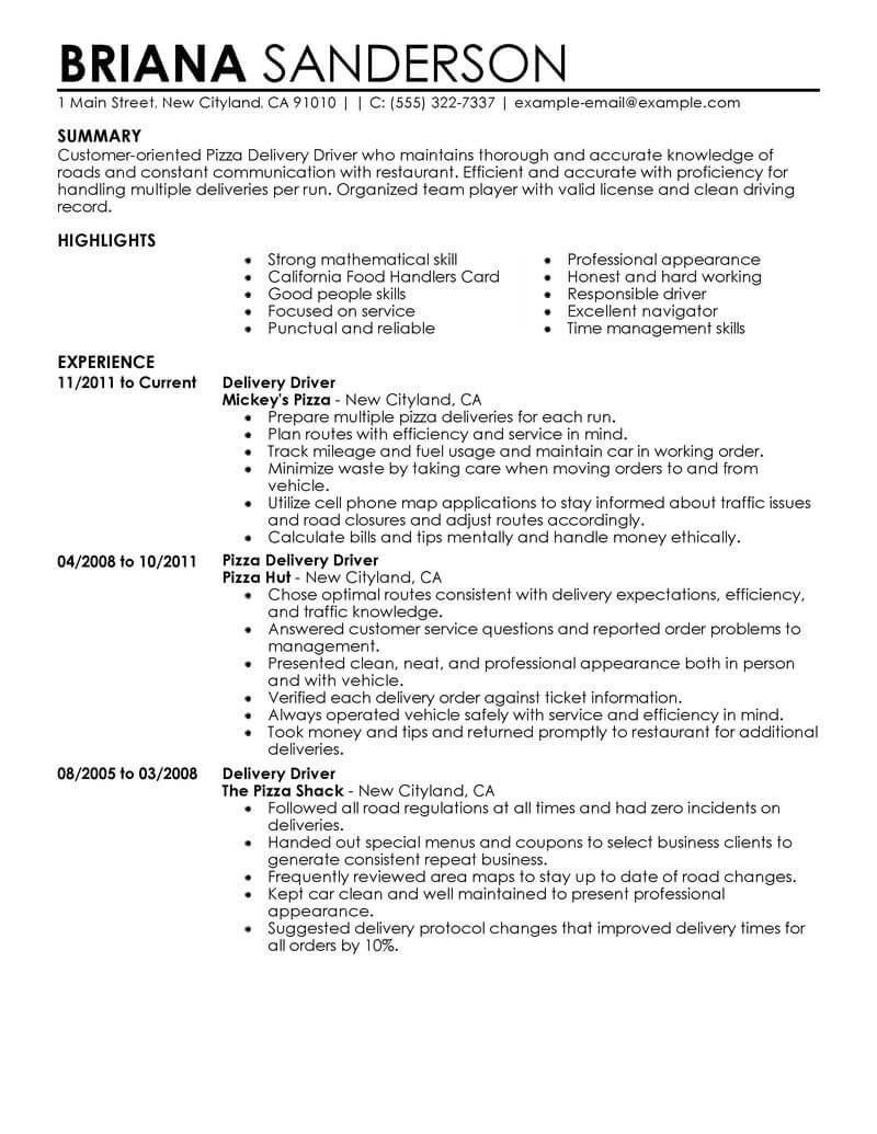 Professional Pizza Delivery Driver Resume Examples LiveCareer Professional Pizza Delivery Driver Resume Examples LiveCareer