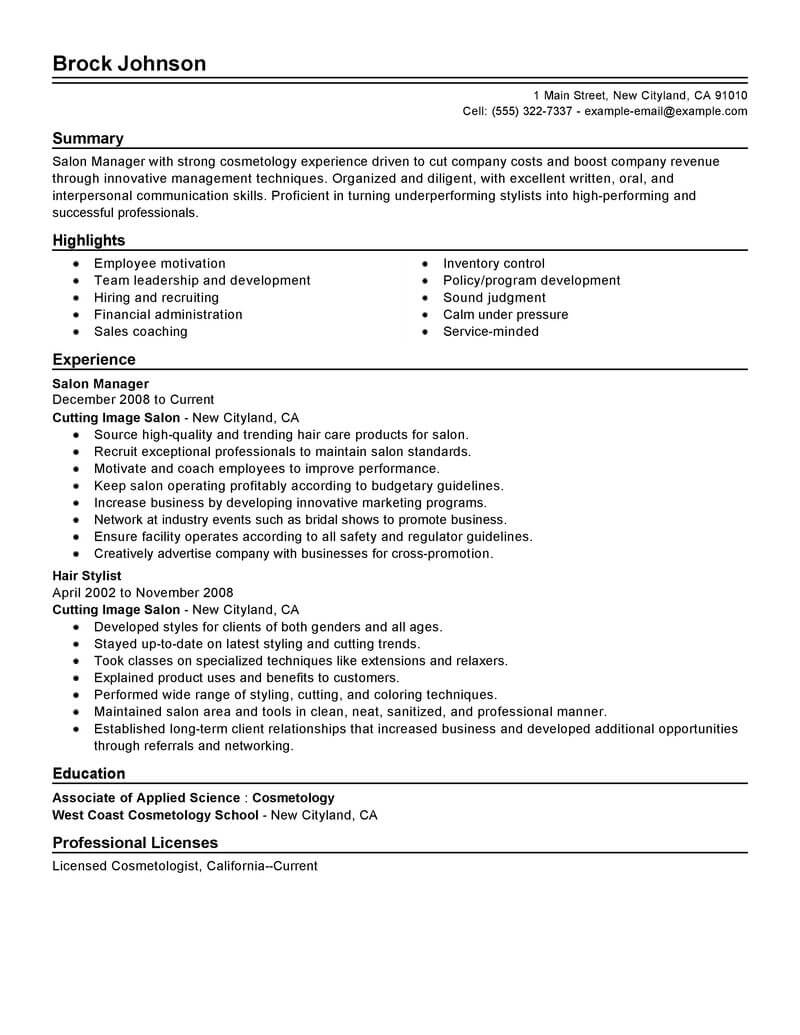 Professional Salon Manager Resume Examples