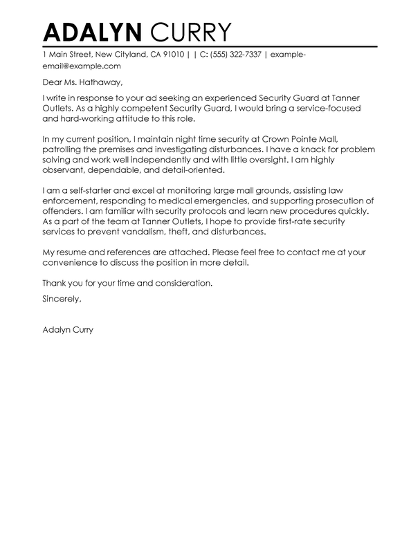 Professional Security Guard Cover Letter Examples