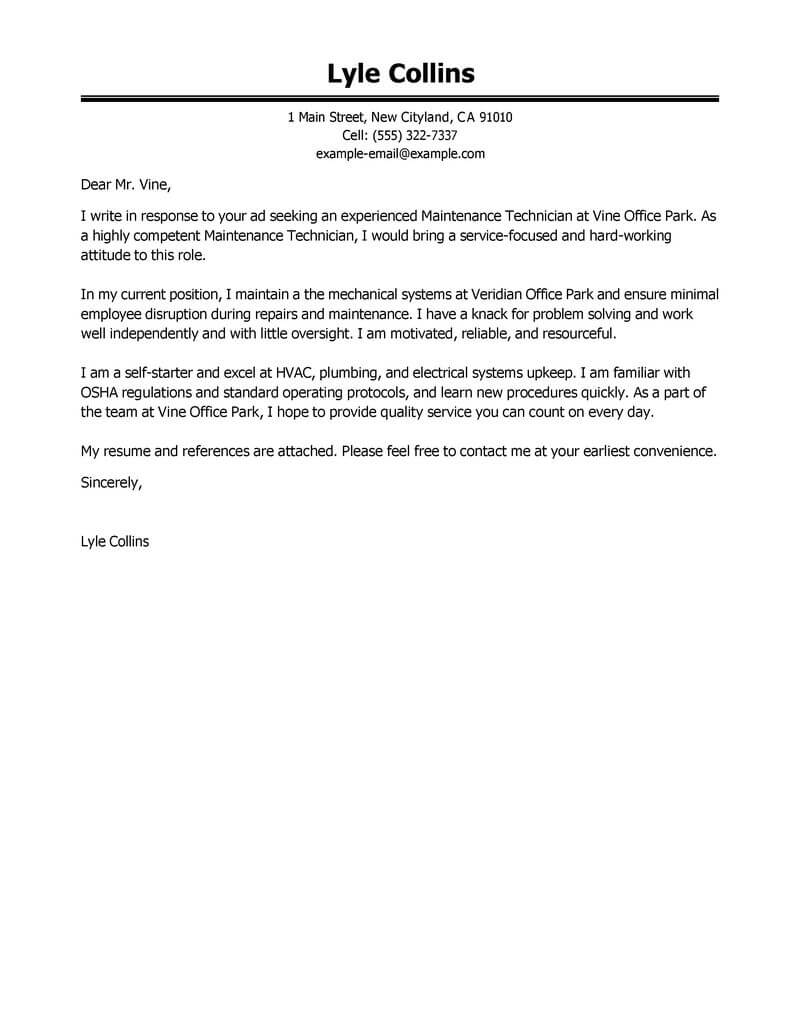 Maintenance Technician Cover Letter Examples LiveCareer