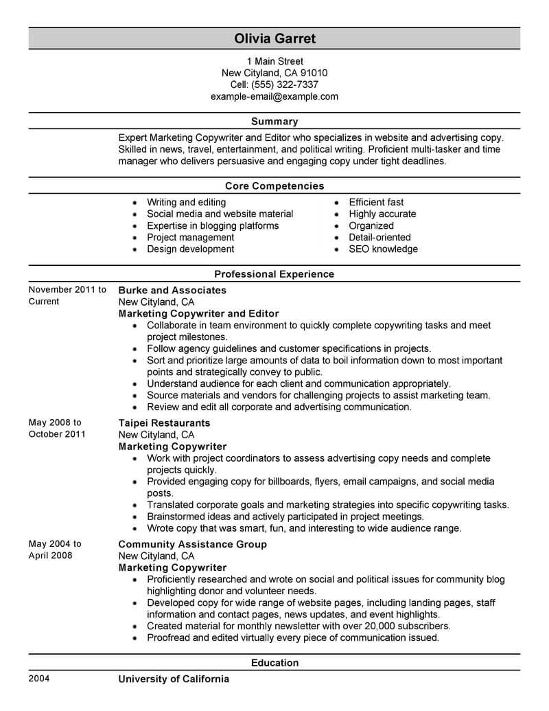 Entry Level Copywriter And Editor Resume Examples LiveCareer